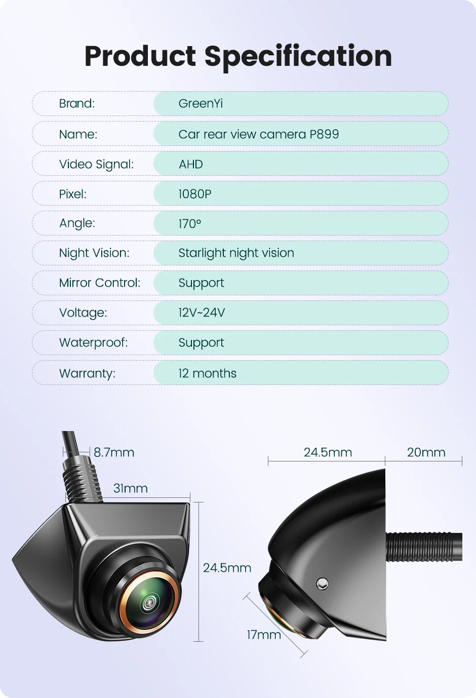 GreenYi 4 Pin Aviation Head Cable HD 1080P Rear Reversing Backup Camera ...
