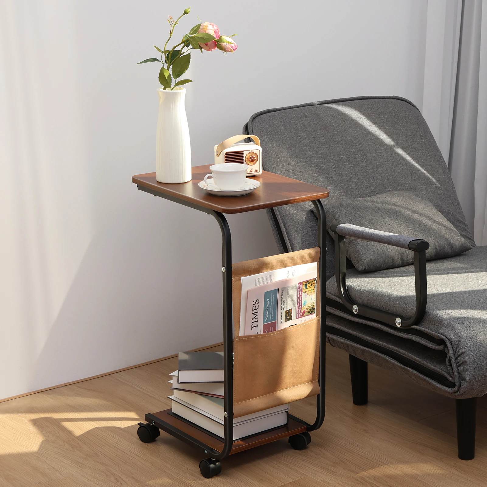 1Pc End Table, Rectangle Side Table with 2-Tier Storage Shelf & Fabric ...
