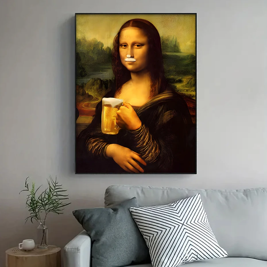 1pc mona lisa trinkt Bier lustiges Plakat moderne klassische Wand kunst Leinwand Malerei drucken ...