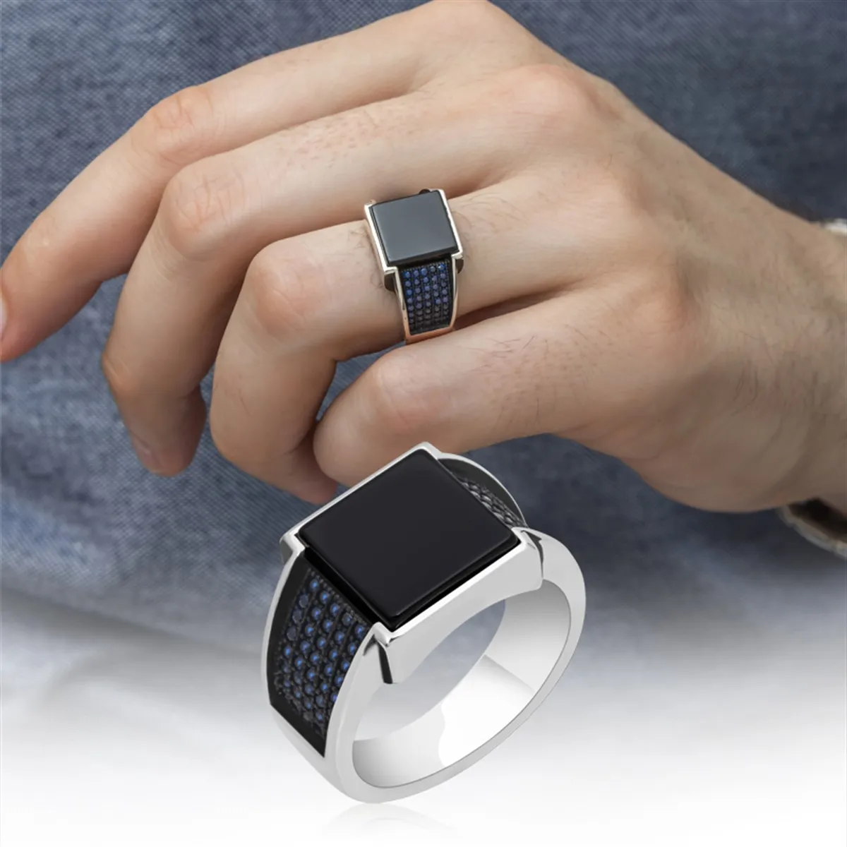 Original 925 Sterling Silver Men Ring With Onyx And Agate Stones Male ...