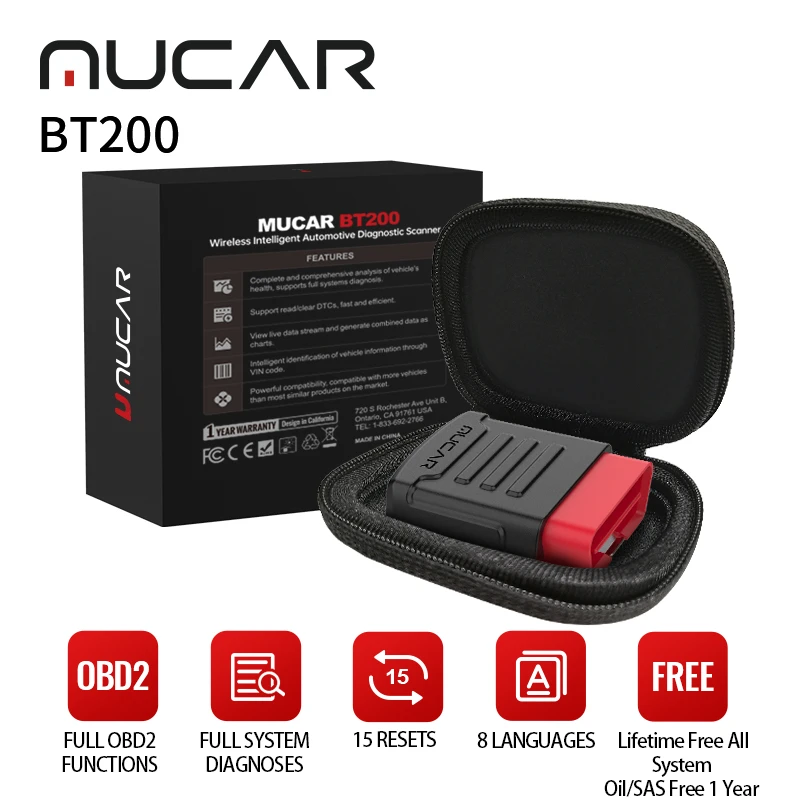 MUCAR BT200 OBD2 Scanner for Cars Full System Diagnost Free Lifetime Update 15 Reset Diagnostic ...