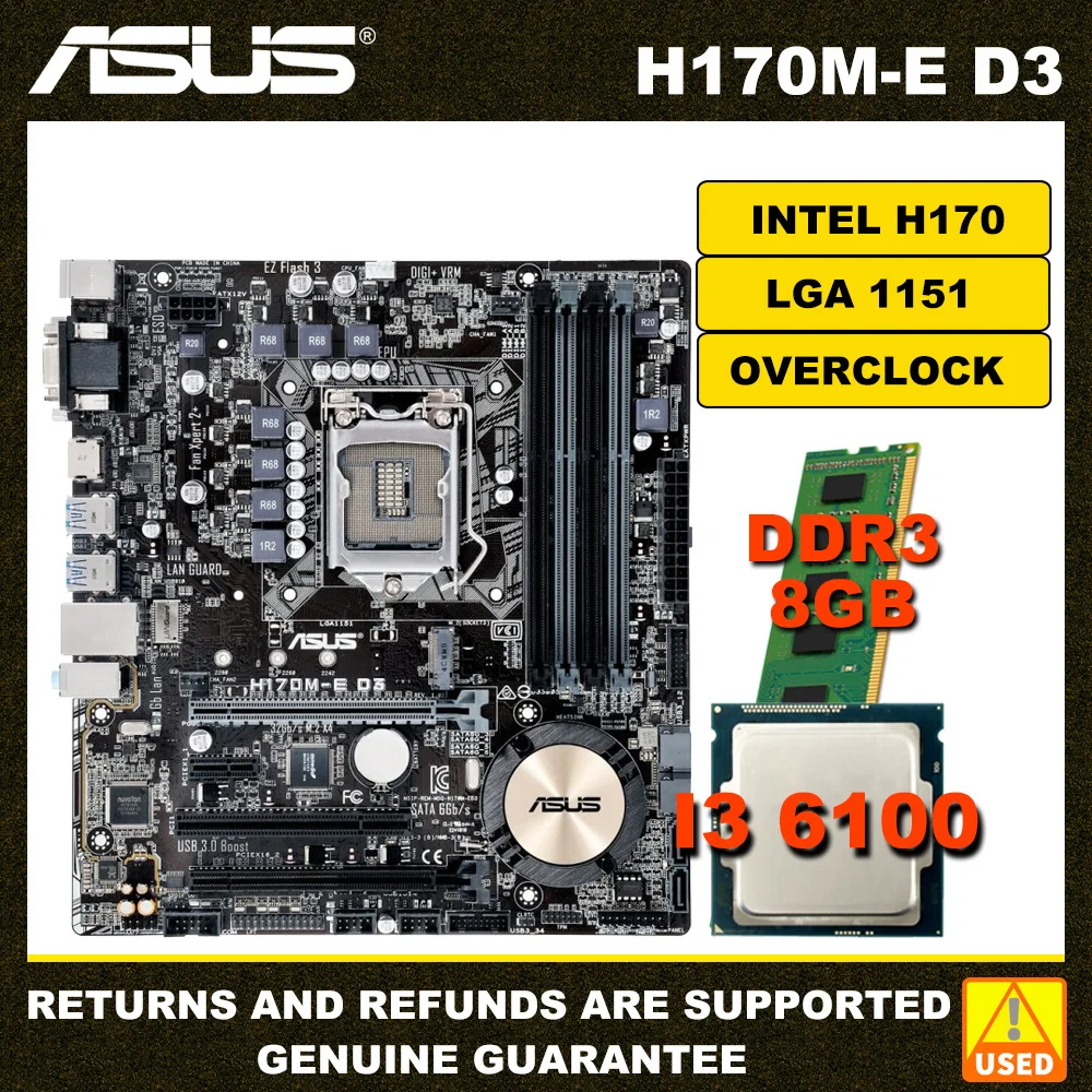 ASUS Kit de placa base LGA 1151 con H170M E D3, CPU i3 6100 y DDR3, 8GB de RAM, Intel H170, PCI ...