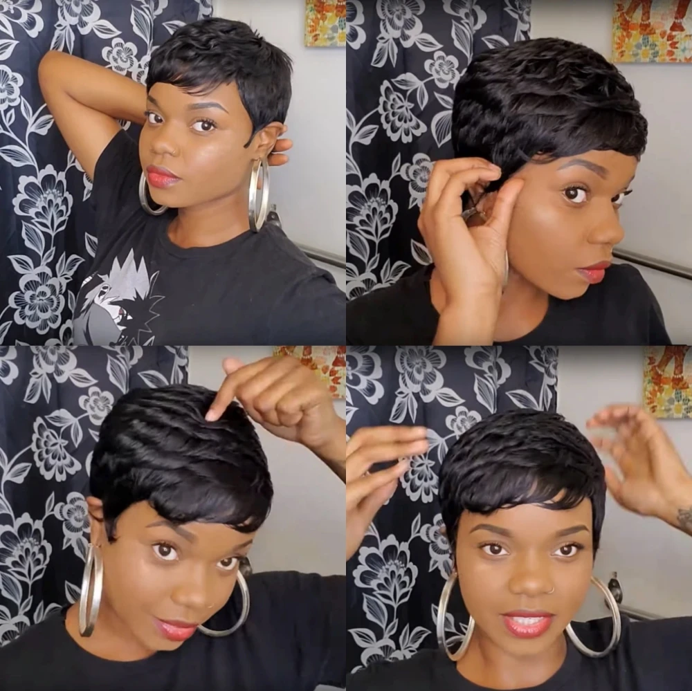 WIGERA Synthetic Short Pixie Cut Straight Hair Water Wave Wigs Machine ...