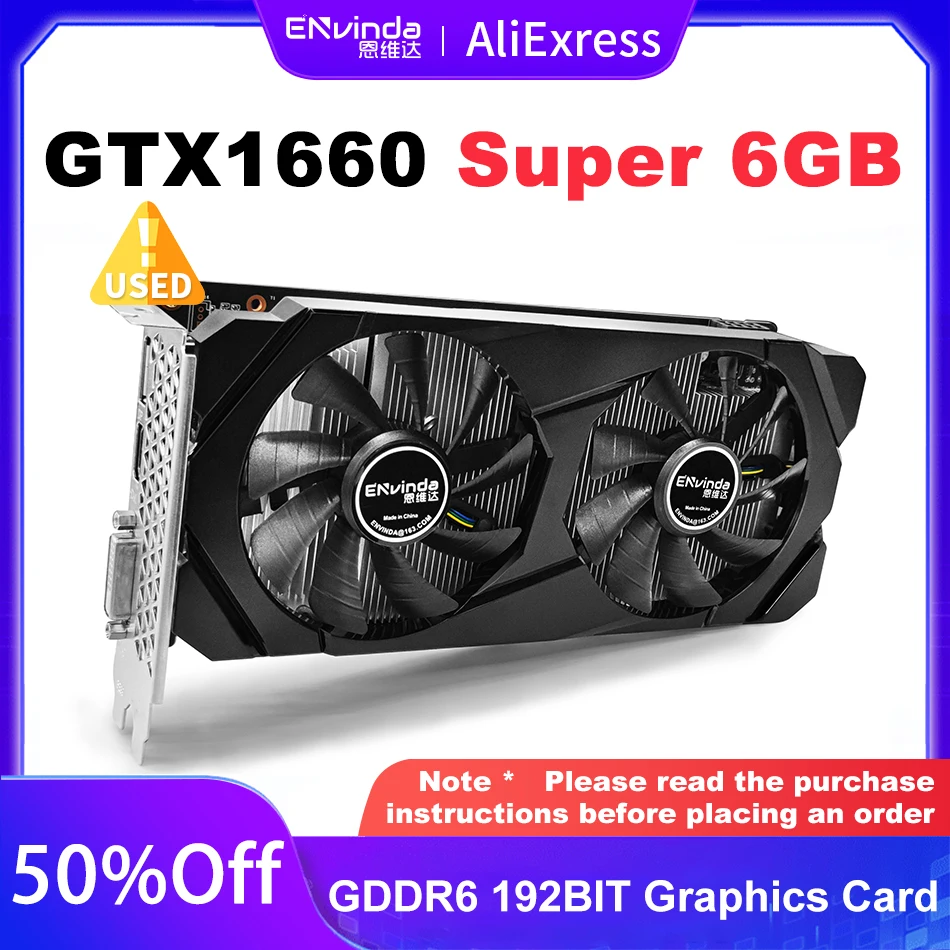 Usado envinda gtx 1660 super 6gb gddr6 placa gráfica 192bit 8pin PCI E3 ...