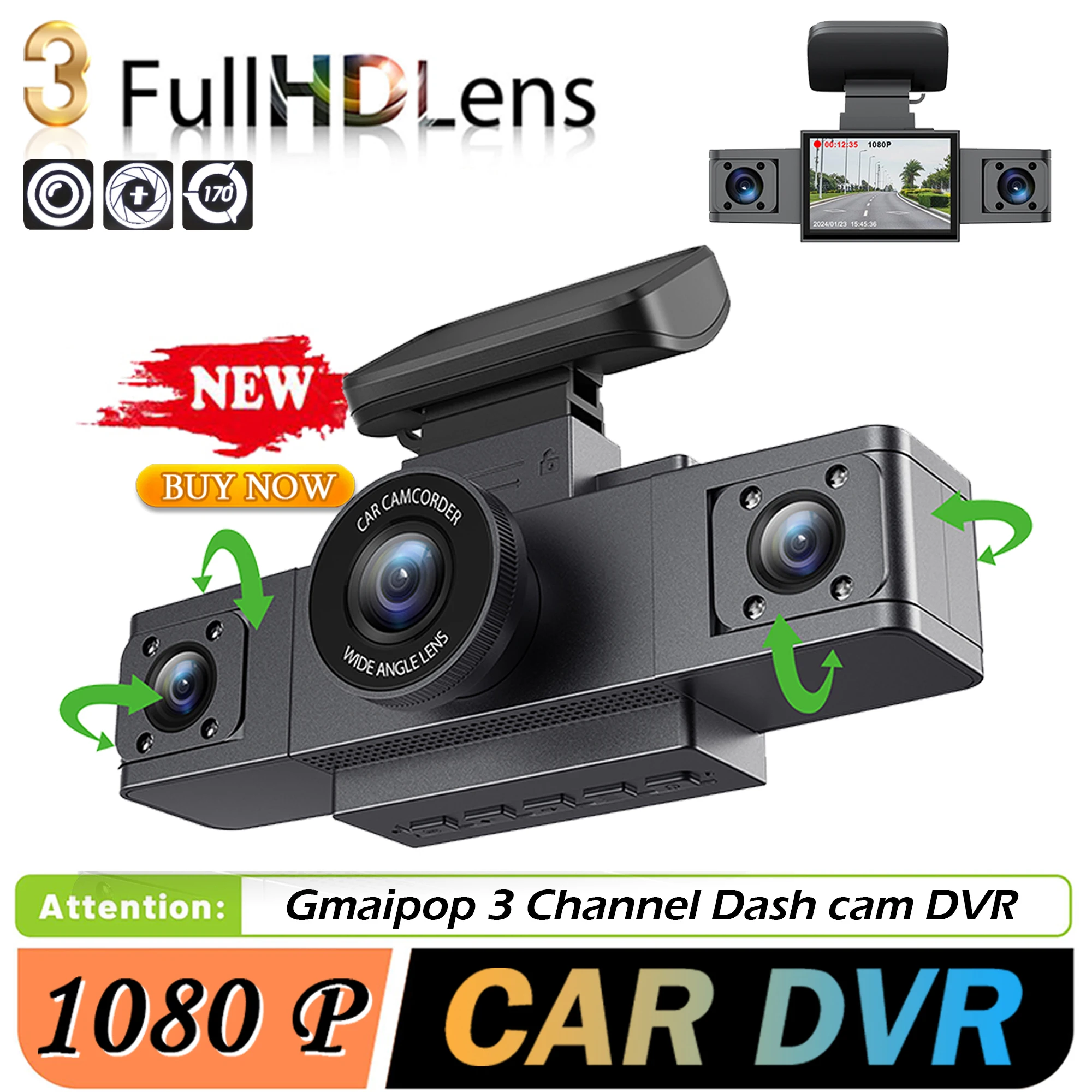 3 Channel Dash Cam Video Recorder Three Lens Car Camera with Rear View ...