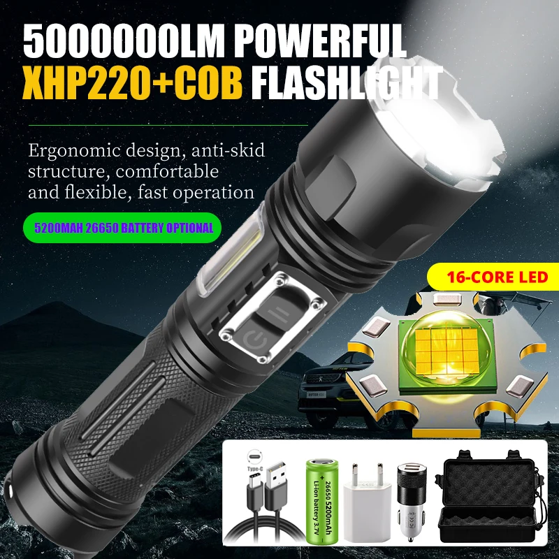 5000000LM-XHP220-Powerful-LED-Flashlight-Rechargeable-XHP199-USB-Torch ...