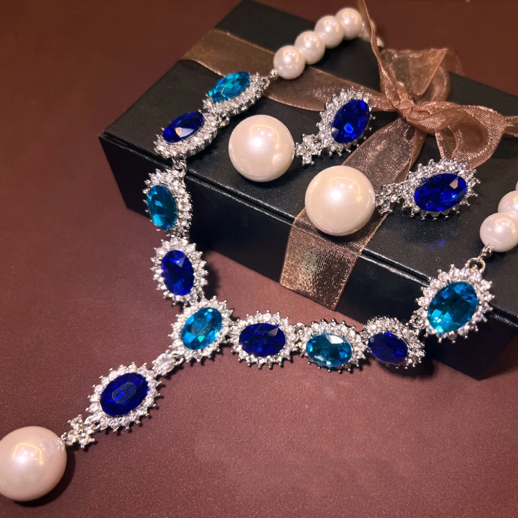 Retro Fashion Pearl Blue Stone Necklace Earrings Multi functional Light ...