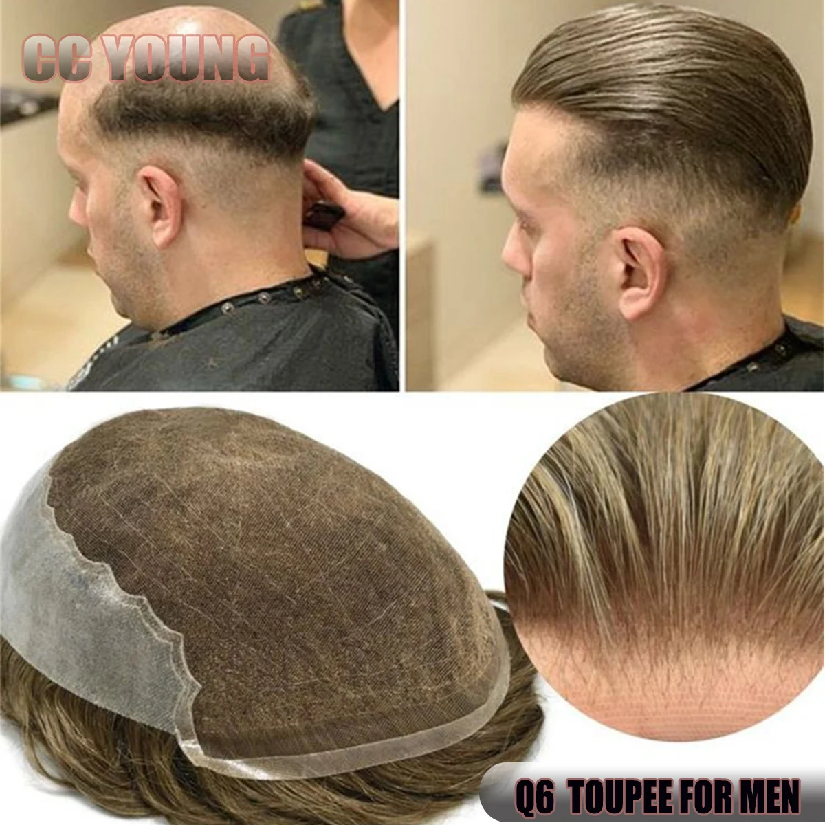 Q6 8"x10" Human Hair Men's Toupee, French Lace Center&Thin PU Back Hair ...