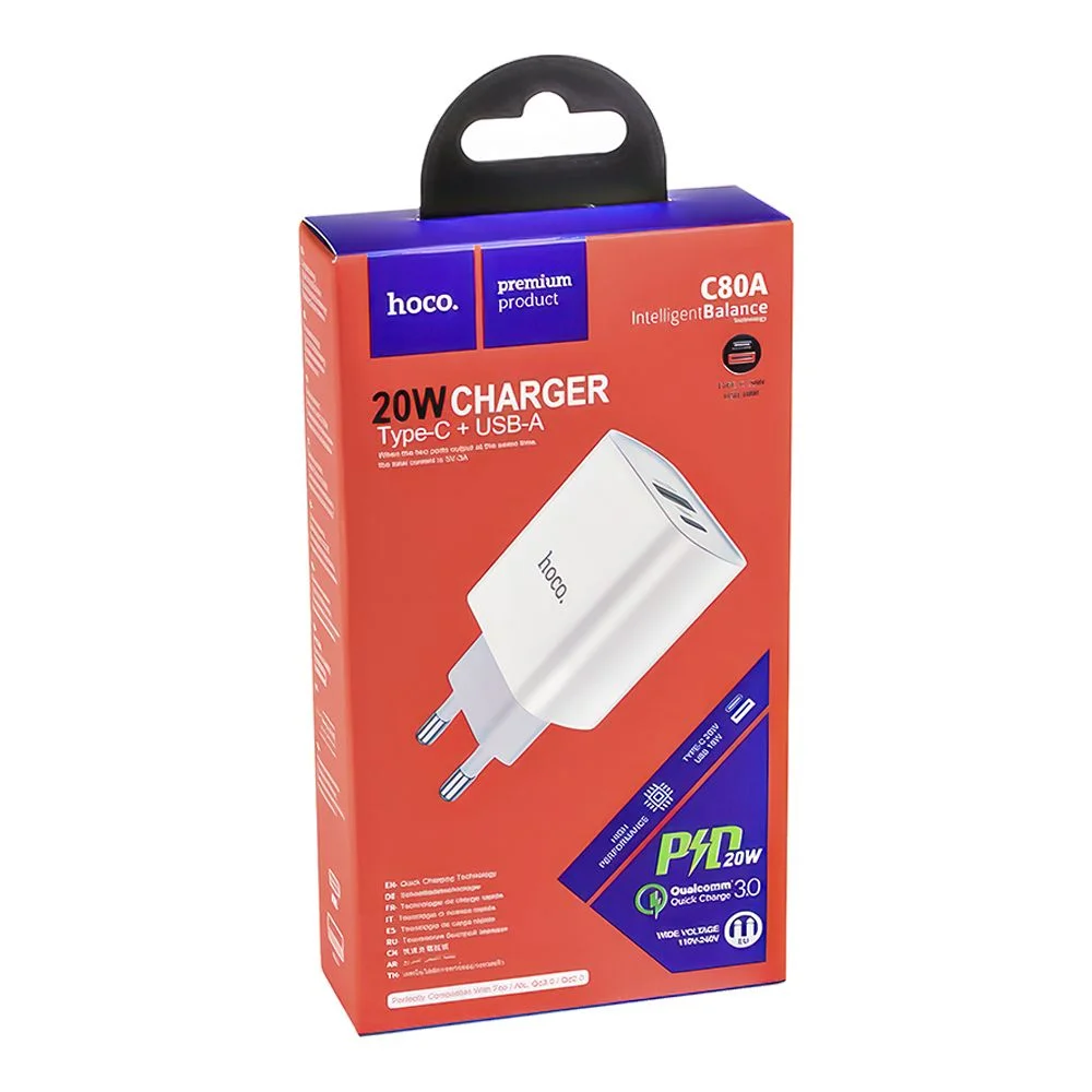СЗУ HOCO C80A Rapido 1xUSB, 1xUSB-C, 3А, PD20W, QC3.0 + USB-C кабель Type-C, 1м (белый) | AliExpress