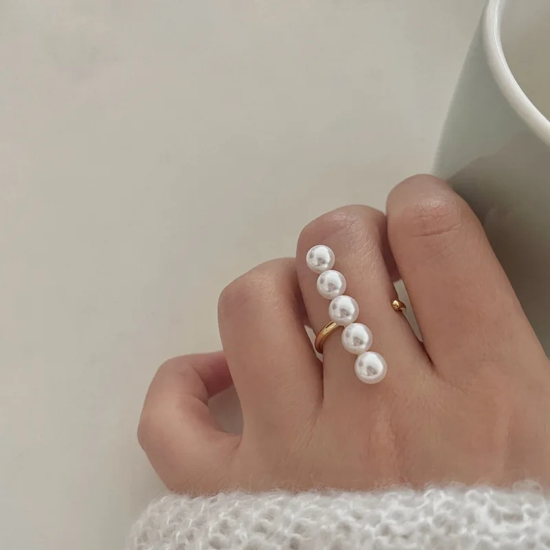 New-Creative-A-Row-Pearls-Adjustable-Opening-Metal-Ring-for-Women-High ...