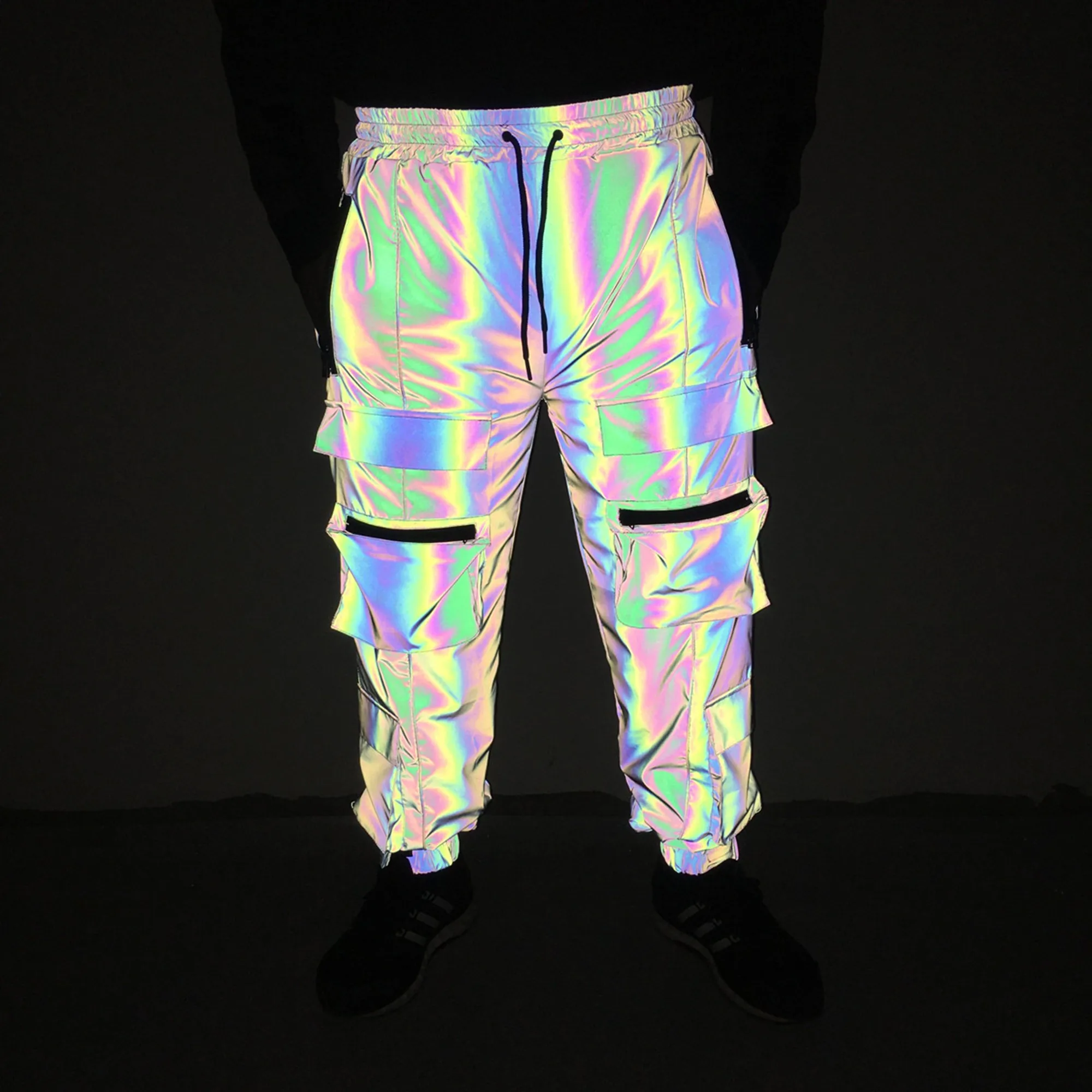 Holographic Men Reflective Rave Geometric Colorful Hip Hop Cargo Pants ...