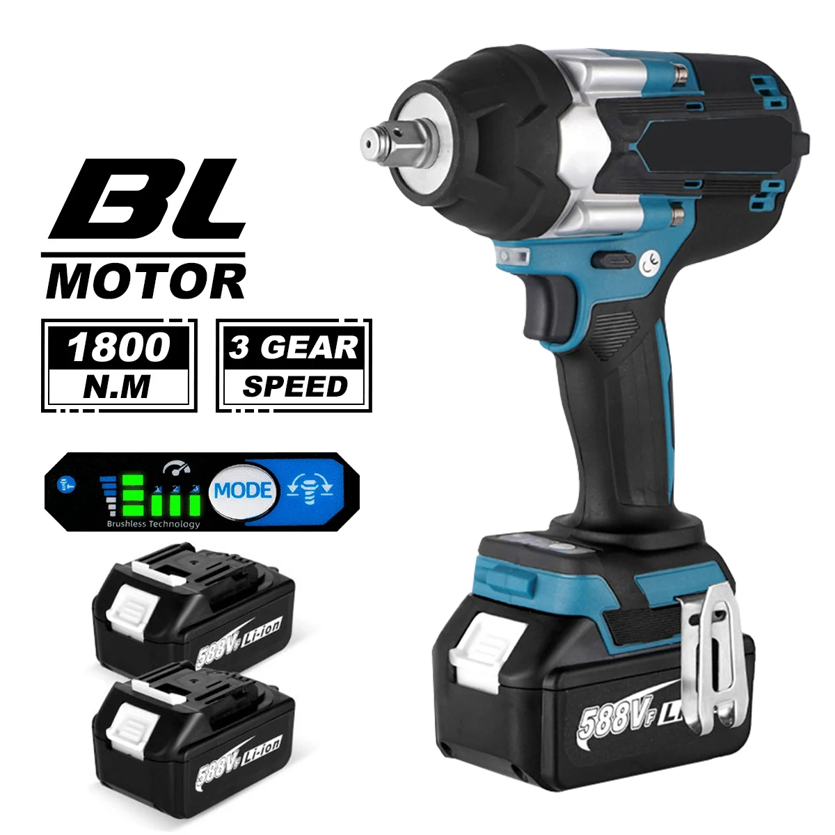 1800NM Brushless Cordless Electric Wrench 1/2 Car Truck Repair ...