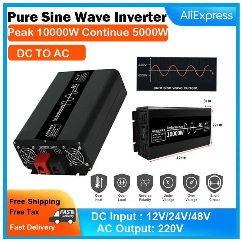 10000W Inverter, DC24V/48V to AC220V, Pure Sine Wave, Smart Display ...