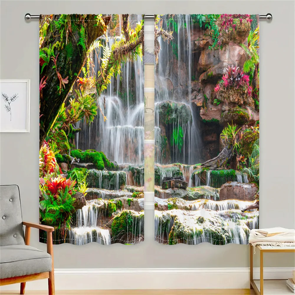 2Pcs Tropical Rainforest Curtains Waterfall Scenery Pattern Living Room ...