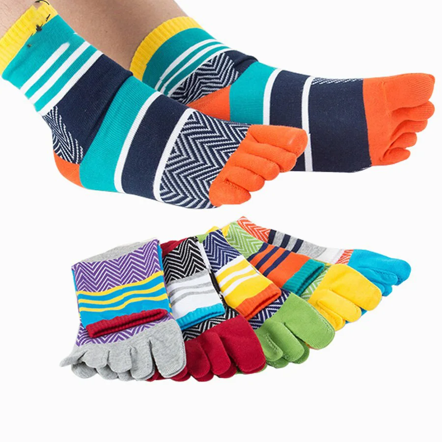 Spring Summer Cotton Toe Socks Mens Striped Contrast Colorful Patchwork ...