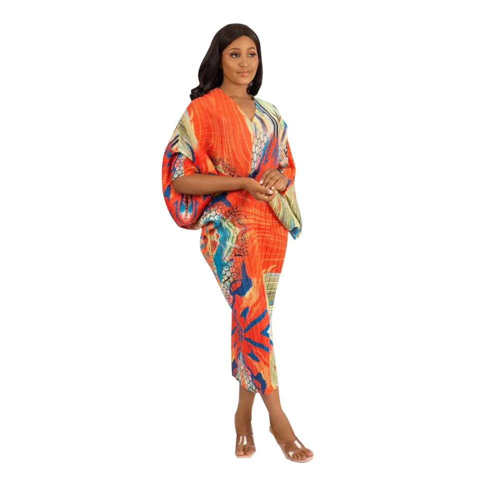 African-Popular-Midi-Batwing-Sleeve-Dresses-Women-s-V-Neck-Printed ...