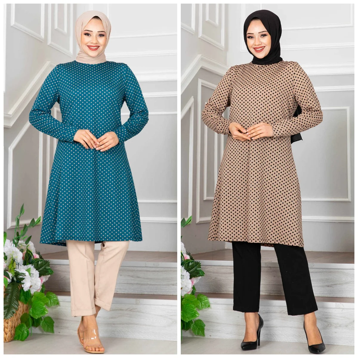 Polka Piece Patterned Tunic 1 Piece Dress Women Abaya Turkey Turkish ...
