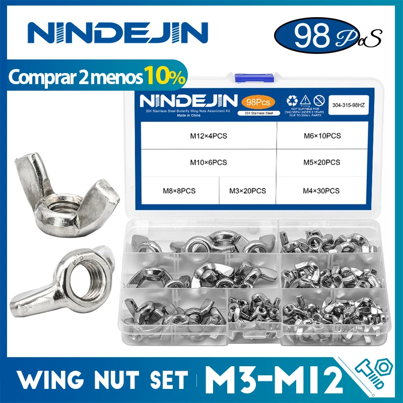 NINDEJIN kit de surtido de tuercas de mariposa, M3, M4, M5, M6, M8, M10, M12, de acero ...