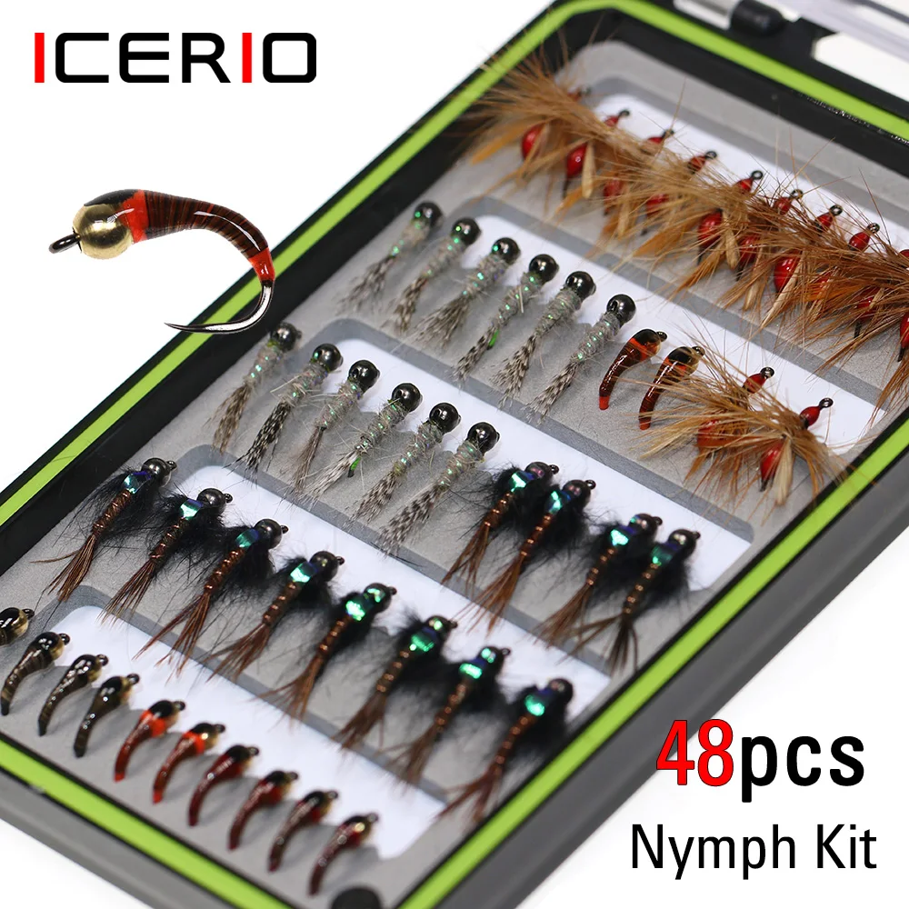 ICERIO-48PCS-Nymph-Kit-Trout-Fishing-Fly-Lure-Baits-Tungsten-Copper-Beadhead-Jig-Euro-Nymphs ...