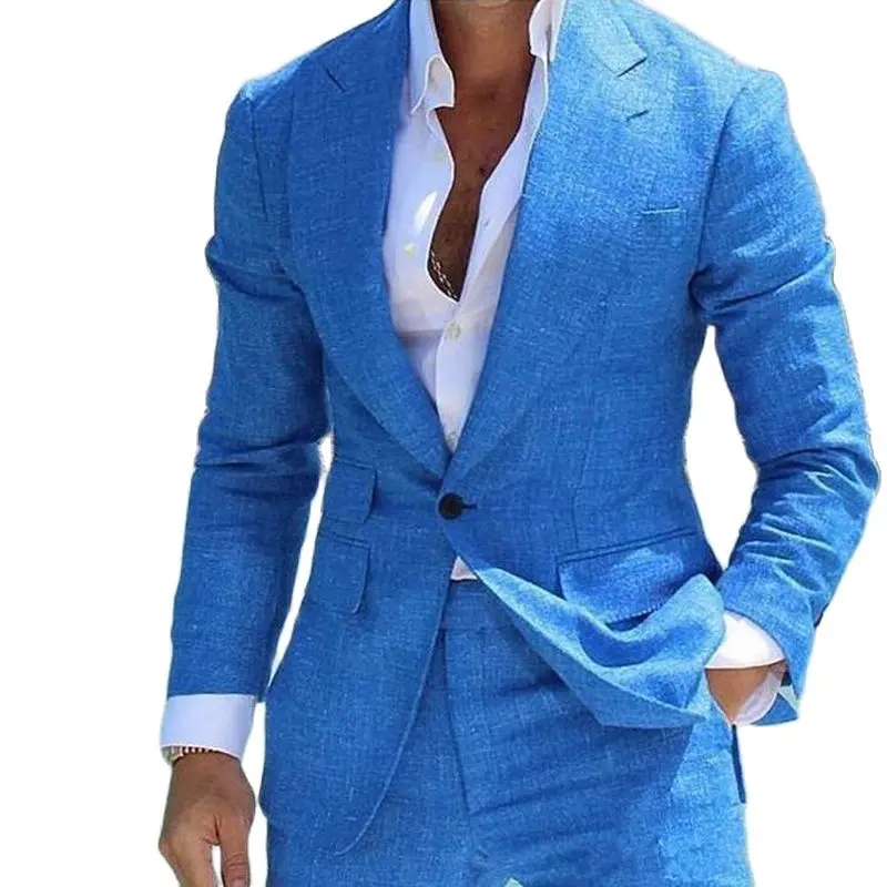 Men's Suit 2 Piece Set Linen Lapel Slim Fit Single Button Casual ...