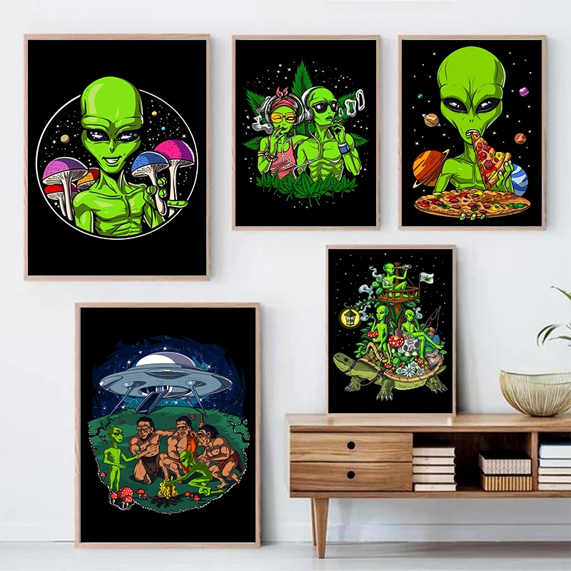Cartoon-Art-Magic-Mushroom-Alien-Weed-Blacklight-Poster-Wall-Art ...