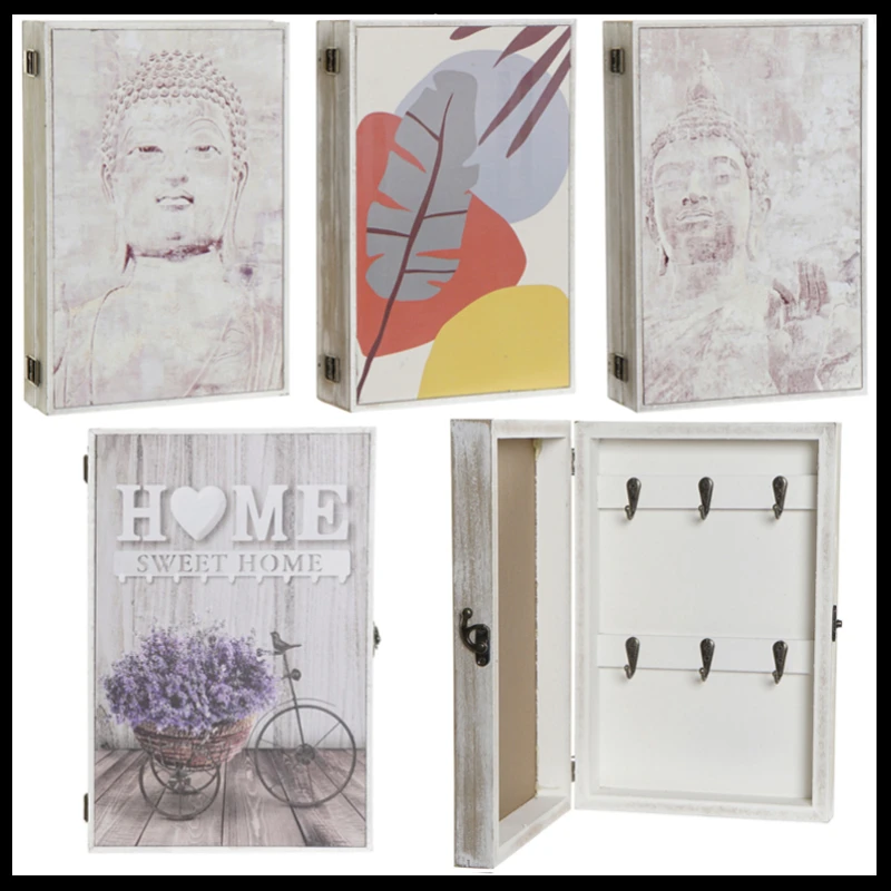 Wooden-Wall-Decorative-Key-Storage-Box-with-Hooks-30x20x6cm-Decoration ...