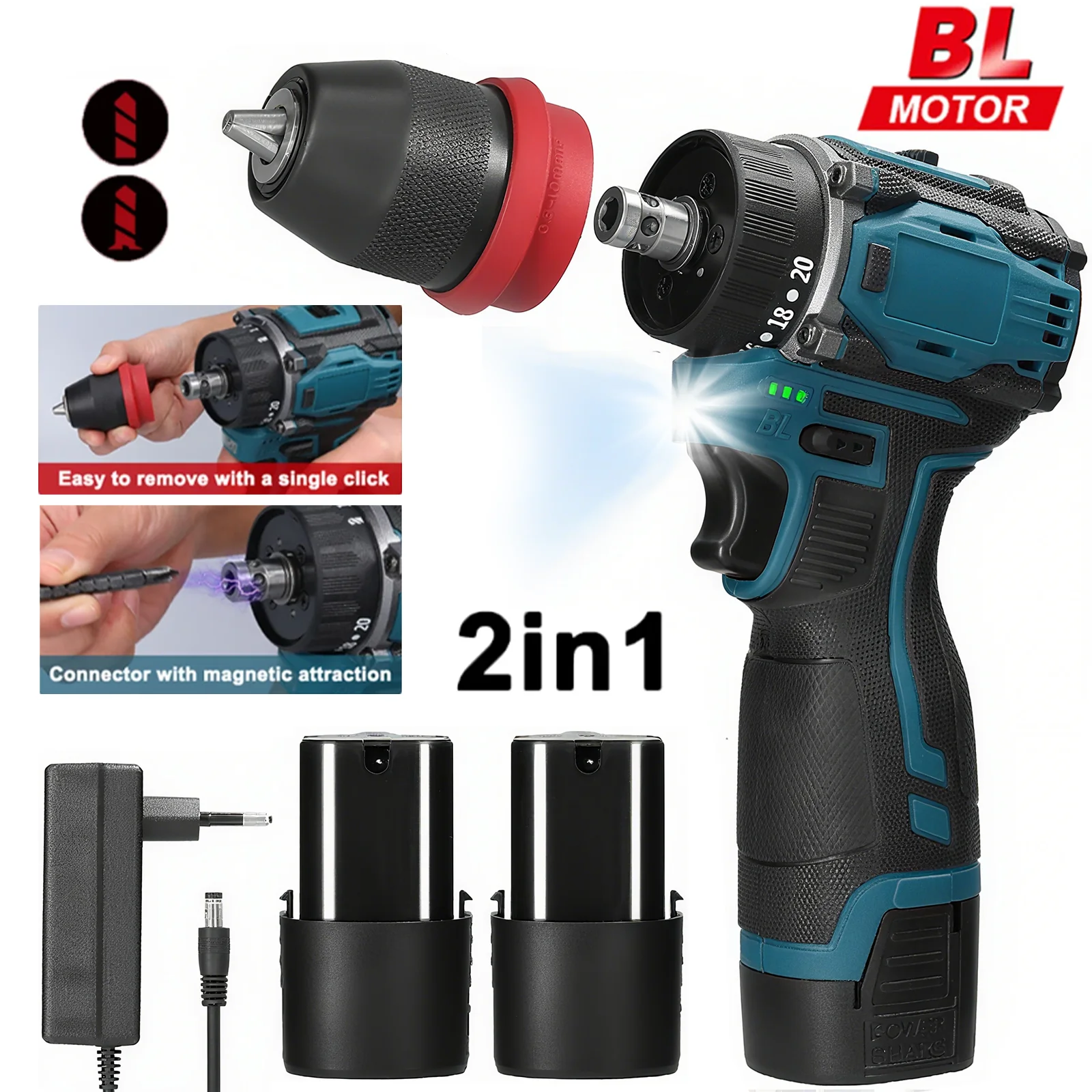 2in1 Cordless Electric Screwdriver Drill Brushless Motor 45/55Nm Torque ...