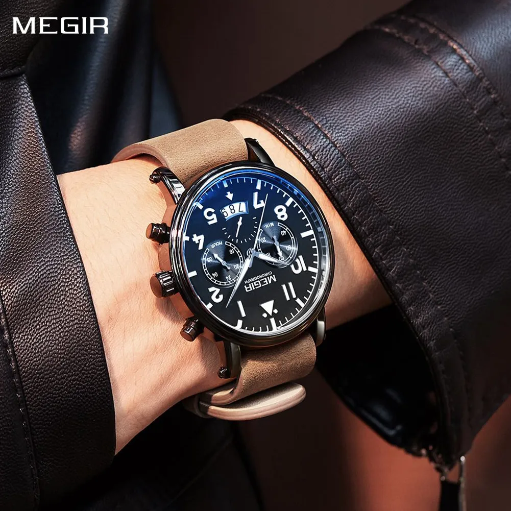 MEGIR-Reloj-deportivo-militar-de-cuero-para-Hombre-cron-grafo-luminoso ...