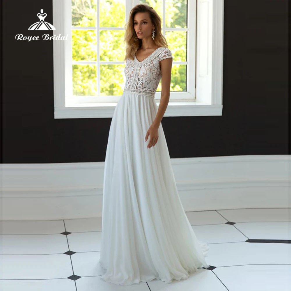 Boho White Wedding Dress Bohemian V Neck Short Sleeves See through Top ...