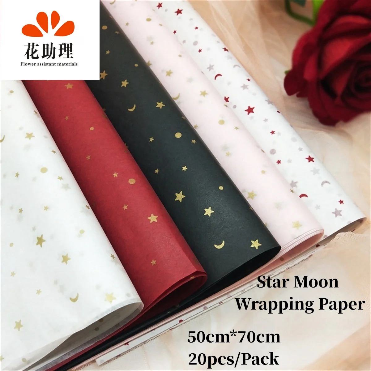 20pcs-50cmx70cm-Star-Moon-Gold-Print-Tissue-Papers-Flower-Wrapping ...