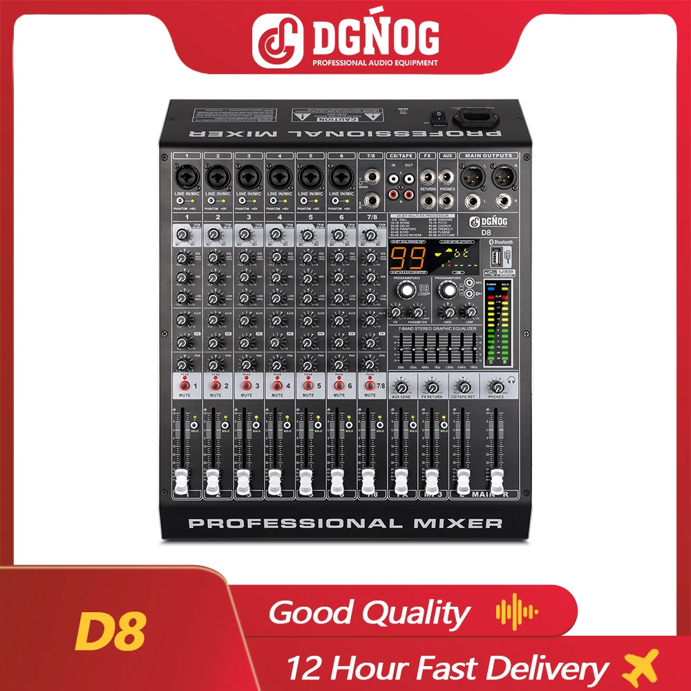 DGNOG D8 Professional Audio Mixer 8 Channel Audio Mixer 99 DSP 48V Bluetooth USB for DJ Mixer ...