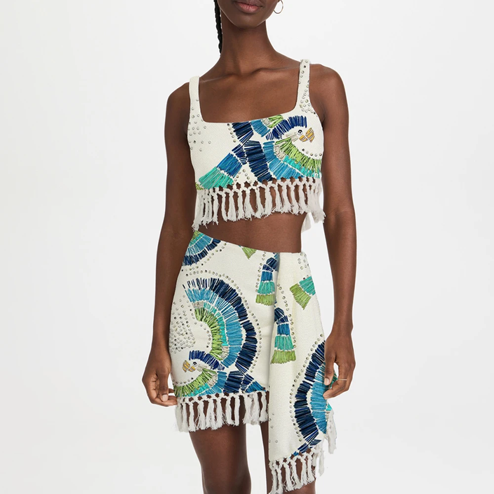 프린트 슬링 비키니 세트 하이웨이스트 컷 프린지 수영복 우아한 여성 비치웨어 백리스 심플 수영복 2 피스 패션