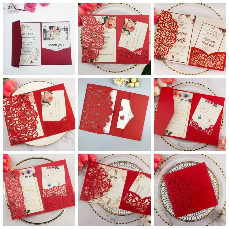 25X Red trifold envelope pocket folders laser cut wedding invitations ...
