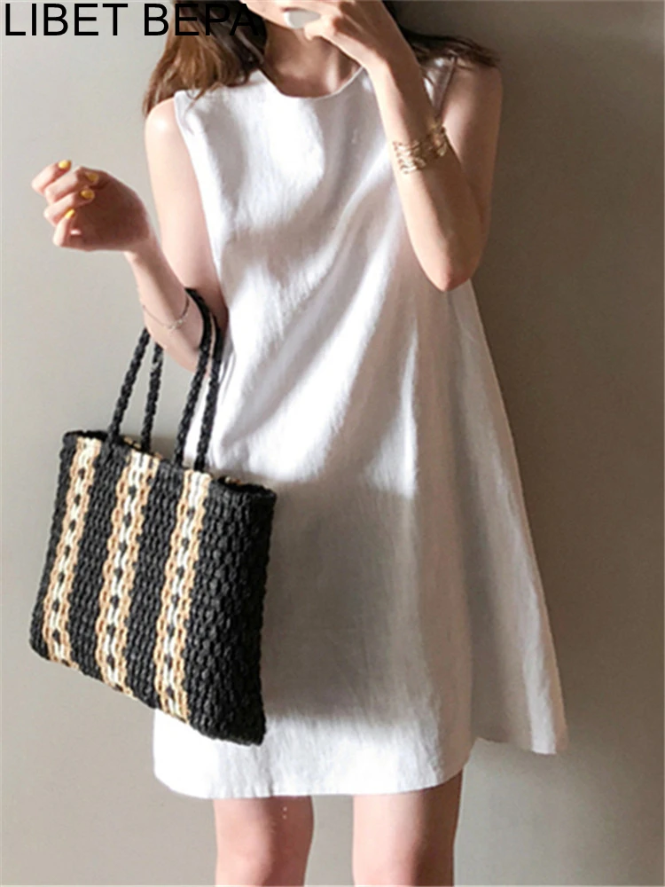 Vestido corto de lino y algodón con cremallera para mujer, minivestido informal de cintura alta ...