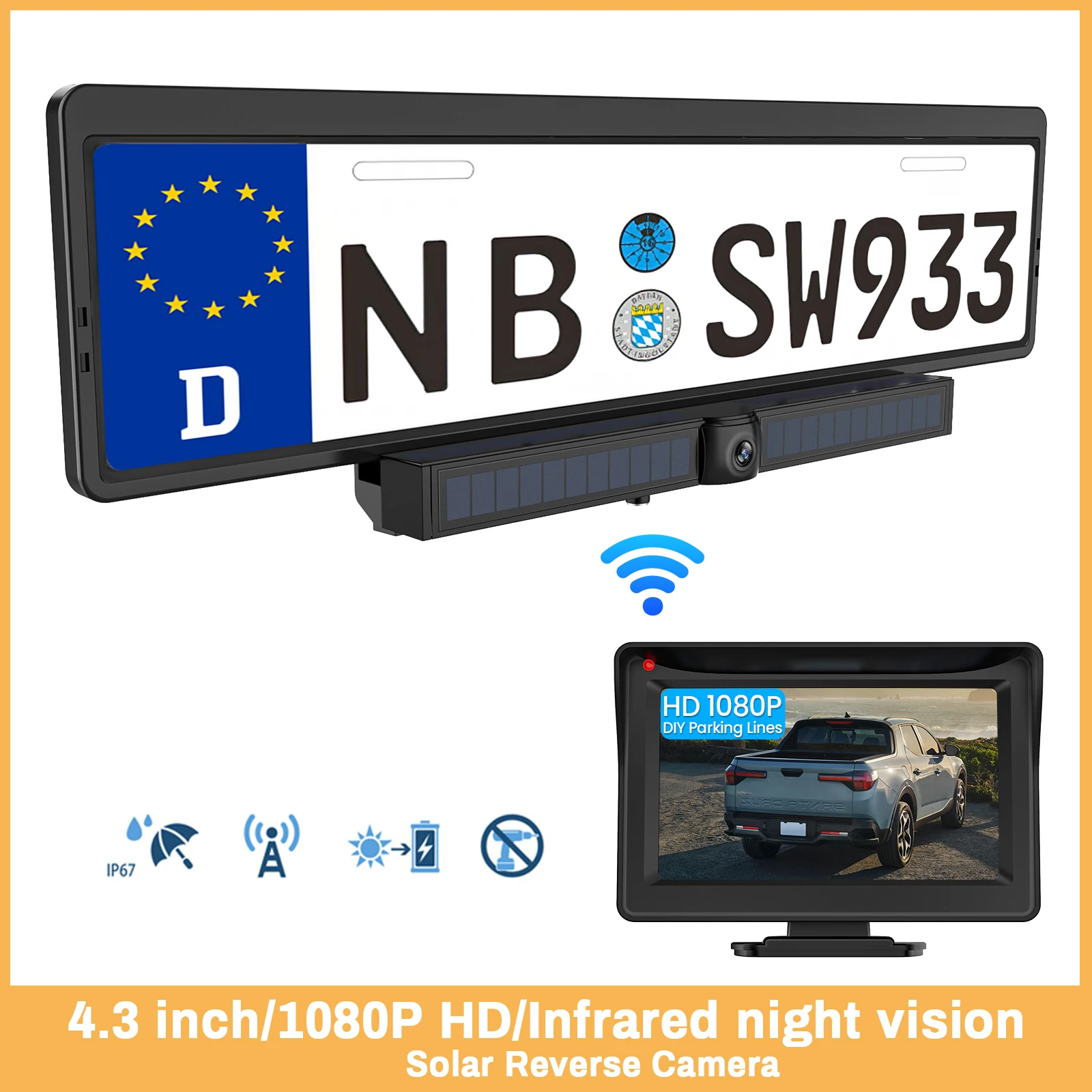 4.3inch Solar Vehicle Wireless Reverse Camera For Car RV Truck Trailer ...