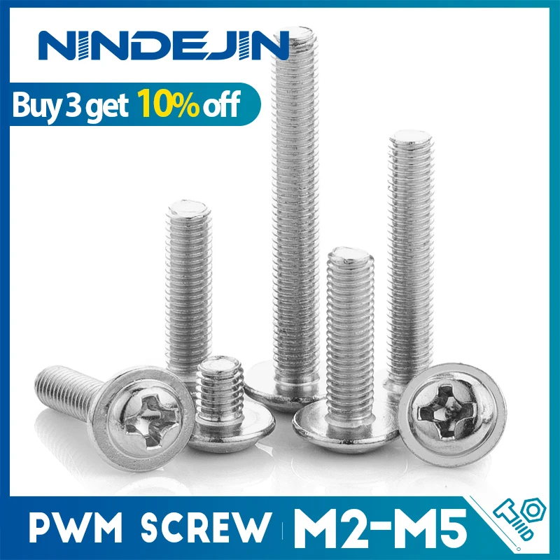 NINDEJIN 원형 트러스 헤드 나사 와셔 포함, M2 M3 M4 M5 304 스테인레스 스틸 크로스 패딩 기계 나사, 캐비닛 도어 핸들 용|나사| - AliExpress