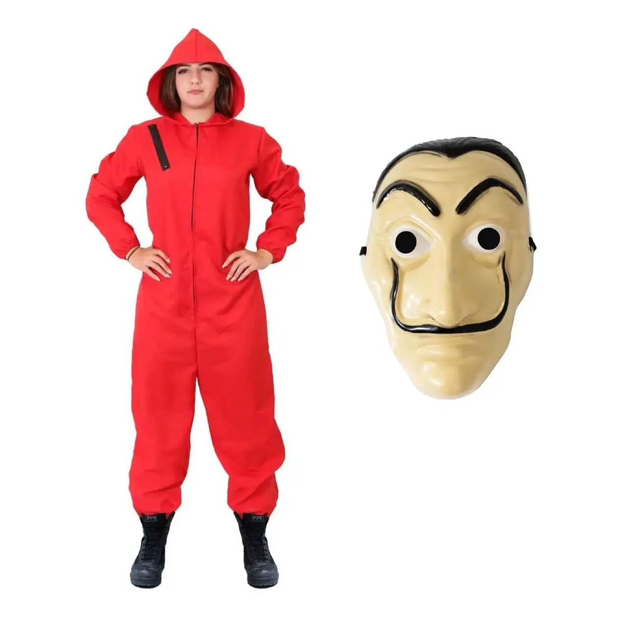 Adults-Bank-Robber-Halloween-Costume-Red-Jump-Suit-with-Attached-Hood ...