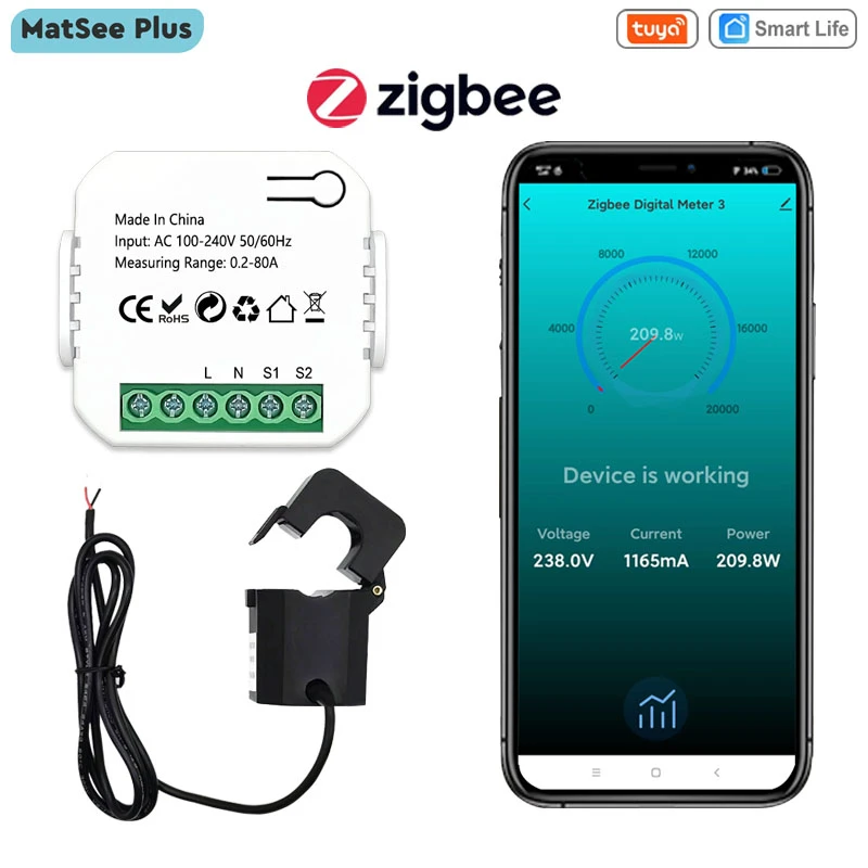 Tuya Smart Life ZigBee Energiezähler 80A Zangenstromwandler APP Monitor Stromverbrauch KWh ...