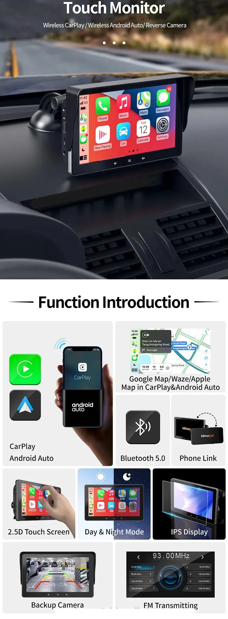 Central Multimidia Portatil 7 / 10 polegadas com conexão Carplay / Android Auto sem fio, entrada ...