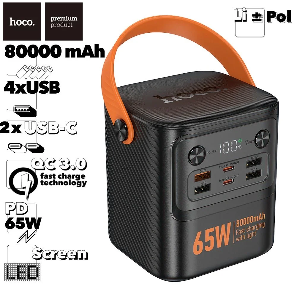Внешний АКБ HOCO J152 Pro Tough 80000 mAh, 4xUSB, 2xUSB-C, 22.5W, QC 3.0, PD65W, LED дисплей ...