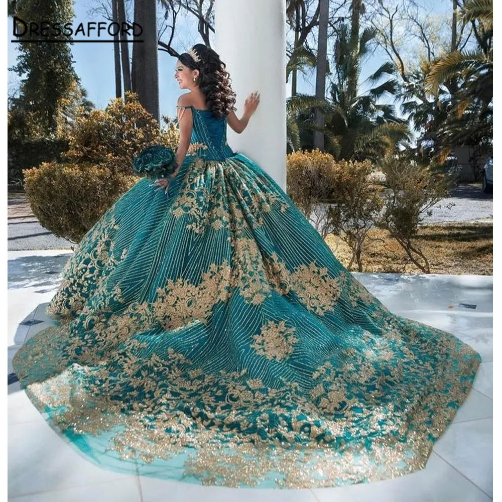 Teal And Gold Quinceanera Dresses