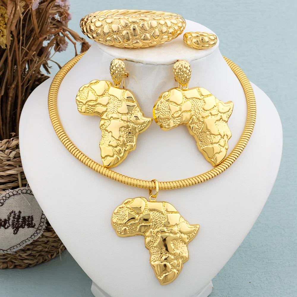 African Gold Color Jewelry Set for Women Large Earrings and Pendant ...