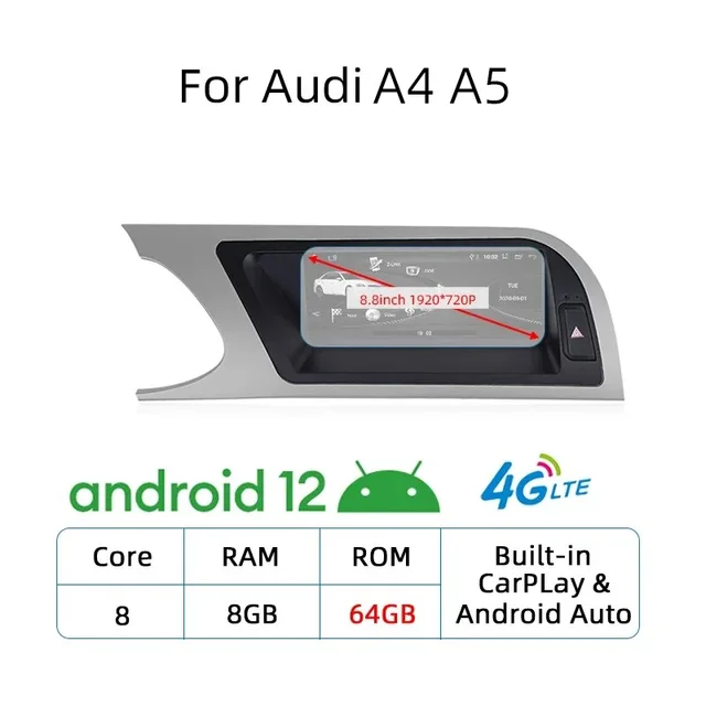 Nunoo Android 13 CarPlay Car Radio Player For Audi A4 A5 A6 Q7 MMI 2G Basic Red Screen GPS Navi ...