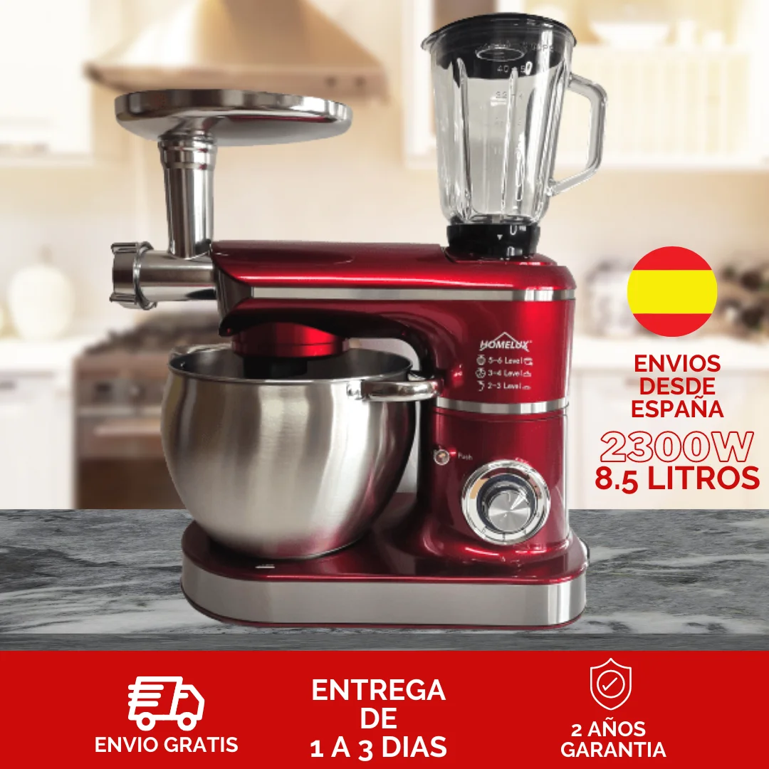 Robot Batidora Amasadora Homelux 8.5 Litros/2300w, con Tazón de Acero Inoxidable, 6 Velocidades ...