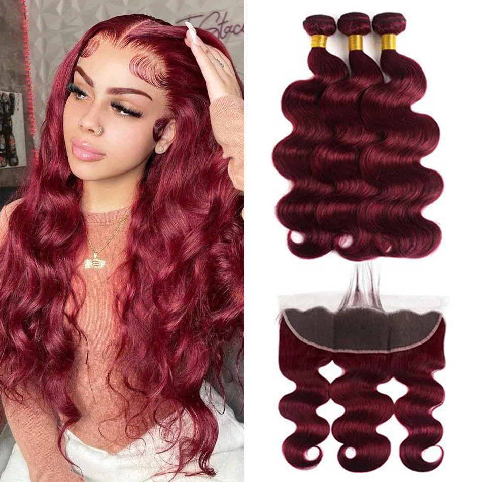 Pacotes-de-Cabelo-Humano-Brasileiro-com-Fechamento-Frontal-99J-Borgonha ...