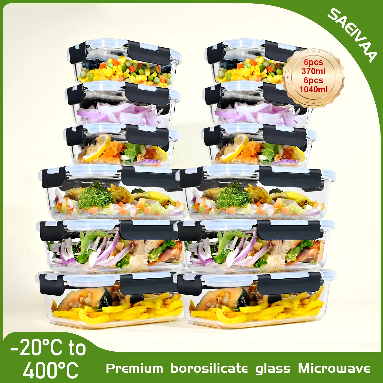 12-piece set of lidded food storage containers, 370/1040ml glass jars ...