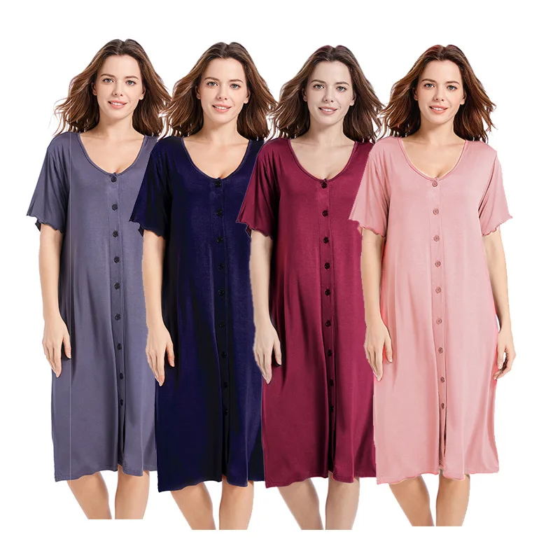 Summer Short-Sleeved Mid-length Sleep Tops Night Dress with Button for ...