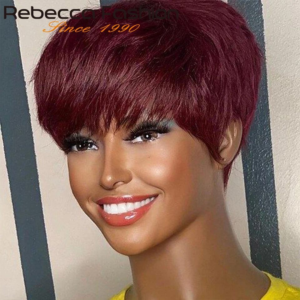 Perruque-Bob-Pixie-Br-silienne-Naturelle-avec-Frange-Cheveux-Courts-et-Lisses-Rouge-Bordeaux-99J ...