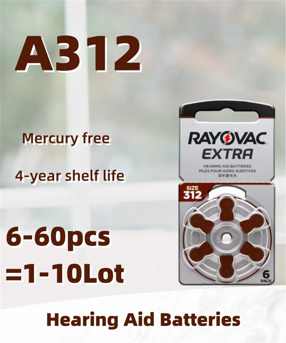 6-60PCSRayovac-Extra-Performance-Hearing-Aid-Batteries-1-45V-312-312A ...