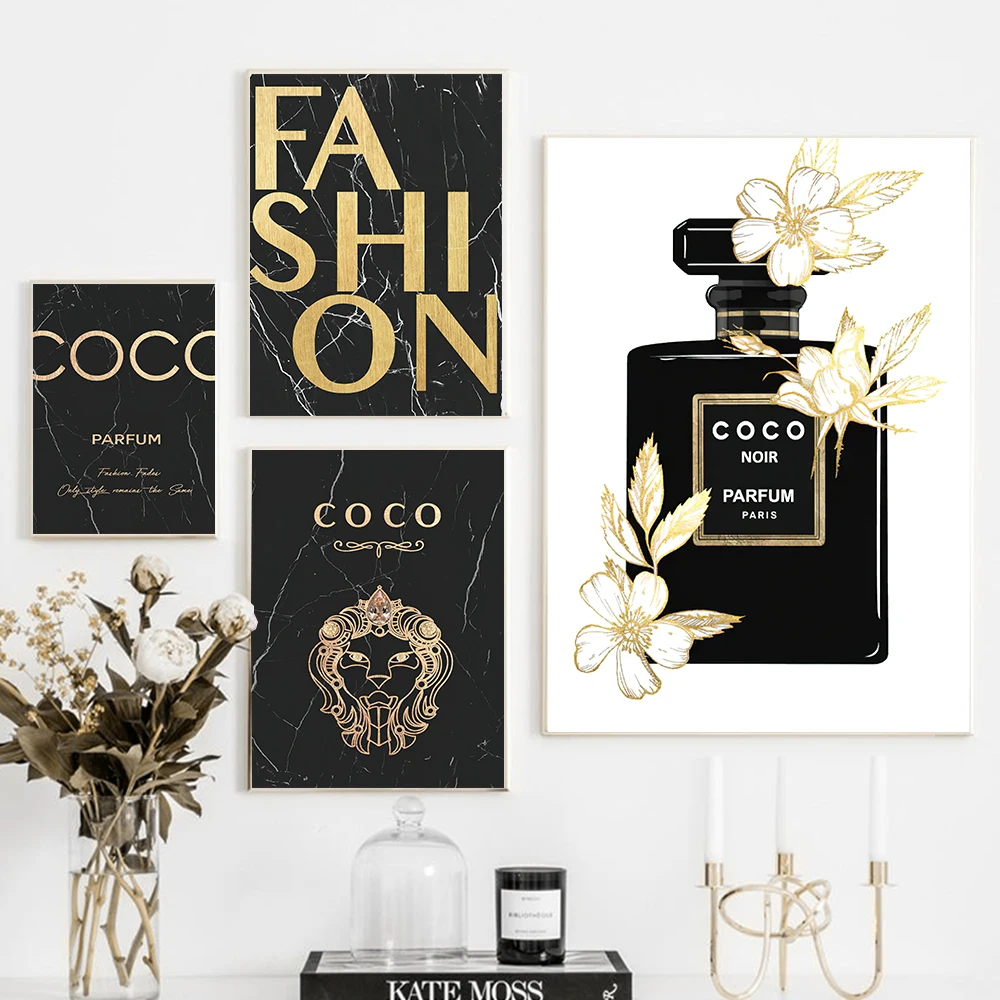 Fashion Coco Quote Poster Marble Texture Golden Flower Perfume Bottle ...